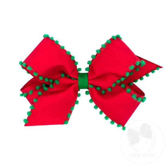 Medium Holiday Style Pom-Pom Edge Grosgrain Overlay Bow – 4 Kids Only